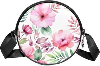 Generic Petit sac &agrave; bandouli&egrave;re circulaire pour femme, motif feuilles florales, sac &agrave; dos avec fermeture &eacute;clair, bretelles r&eacute;glables, sac &agrave; main rond d&eacute;contra
