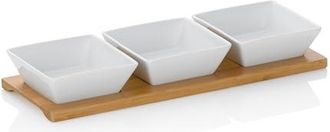 KELA Set de 4 bols &agrave; servir PHILIPA, Bols &agrave; snack en porcelaine avec plateau de service en bambou, carr&eacute;, Set de bols &agrave; tremper blanc