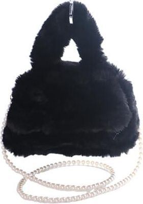 Kawaii-Story LB-6156-1 Mini sac &agrave; rabat en fausse fourrure avec sangle de perles Noir 25 x 23 x 7 cm