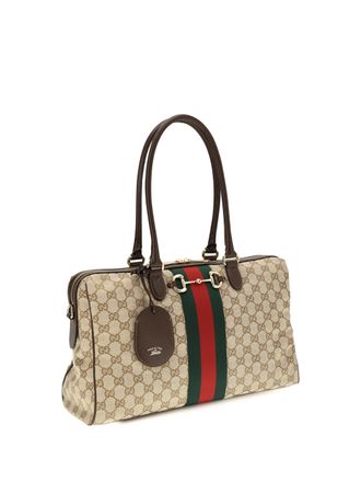 Gucci Womens Large Horsebit Web Top Handle Bag Vint.sand-Dk.bro-Vrv Fabric Handbags Vint.sand/dk.bro/vrv Hand