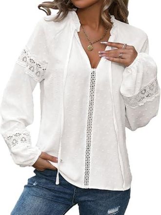 Generic Chemises Blanches Femme Automne Manches Longues Haut Col Rond Volant Dentelle Broderie Manches Lanternes &Eacute;l&eacute;gant Blouse