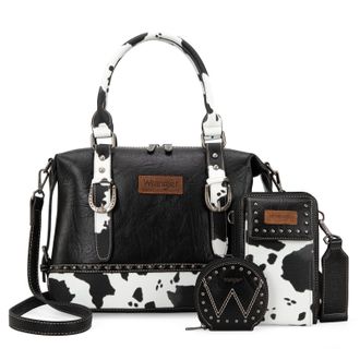Montana West Wrangler Arzttaschen-Set f&uuml;r Damen, Top-Griff, Umh&auml;ngetasche mit Handy-Handtaschen und M&uuml;nzb&ouml;rse, 3-teilig, Schwarzes Kuhmuster