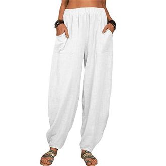 Generic Pantalon de plage haut décontracté pour femme, pantalon dété ample en lin, pantalon sarouel large pour les vacances, avec poches, pour la plage, blanc