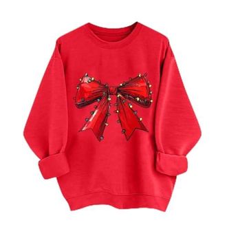 Generic Chandails rouges imprimés arbre de Noël pour femme, pull dhiver amusant et tendance pour les vacances, surdimensionné et confortable, pull décontracté