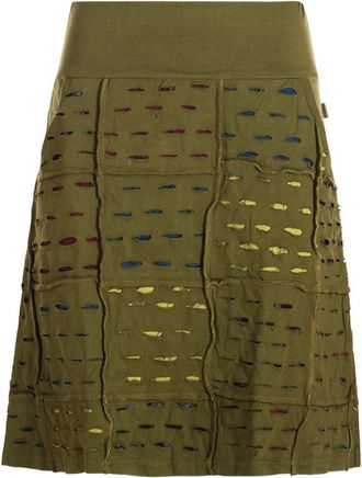 vishes Alternative Bekleidung - Damen knielanger Rock Baumwolle A-Linie Cutwork Design elastischer Bund mit Stickerei Olive 38