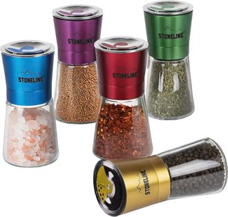 STONELINE Gewürzmühle Salz und Pfeffermühle Manuell 5 teiliges Set mit verstellbarem Keramikmahlwerk, Glasbehälter 185 ml, Edelstahl Deckel, Mühle für Salz Pfef