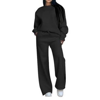 Generic Surv&ecirc;tement 2 pi&egrave;ces en coton pour femme - Surv&ecirc;tement 2 pi&egrave;ces - Sweatshirt - Pantalon de jogging - &Eacute;l&eacute;gant - Couleur unie - Tenue de maison baggy - 