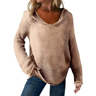 Generic Pull pour femme en crochet ajour&eacute; &agrave; manches longues et &eacute;paules tombantes - Pull &agrave; capuche l&eacute;ger - Coupe ample - Cache-maillot de plage d&eacute;contract&eacute; au 