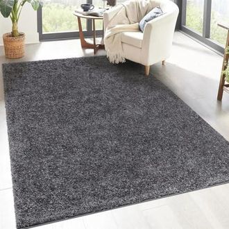 Carpet City Shaggy Tapis de salon, &agrave; poils longs, motif uni, anthracite, 150 x 150 cm, carr&eacute;, doux et moelleux, moderne, convient &eacute;galement &agrave; la chambre &agrave; coucher