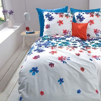 Fleuresse Wendebettw&auml;sche Seersucker blau-Koralle-wei&szlig; Gr&ouml;&szlig;e 155x220 cm (80x80 cm)