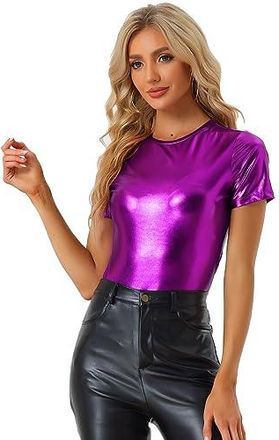 Allegra K Femme Fête Métallique Textured Short Manche Brillant Multicolore Top Violet Noir L