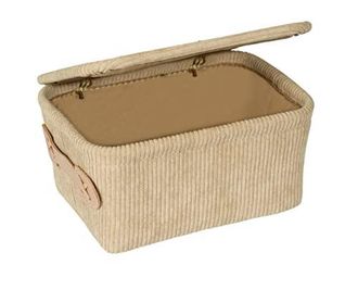 WENKO Panier de salle de bain Anela avec couvercle, panier velours côtelé doux 100 % polyester avec poignée en similicuir, ranger et organiser les accessoir