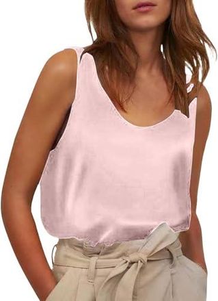 Generic T-shirt &agrave; col en V sans manches - Chemisier en satin grande taille pour femme - Bretelles larges - Col rond - Sans manches - &Eacute;l&eacute;gant - Respirant - L&eacute;g