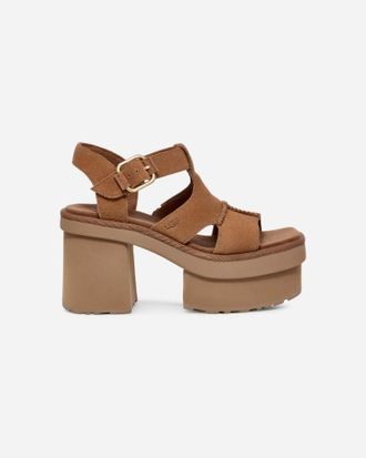 UGG New Heights Plateausandale mit T-Riemen f&uuml;r Damen in Brown, Gr&ouml;&szlig;e Wildleder