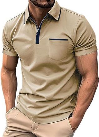 Generic T-shirt surdimensionn&eacute; pour homme avec col, fermeture &eacute;clair et motif &agrave; rayures, haut daffaires pour homme, polo bleu pour homme, t-shirt de sport pou
