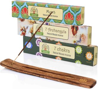 NKlaus Räucherstäbchen Set - 7 Chakra, 7 Archangels & Myrrh (Namaste India) + Holzhalter | Spirituelles Natur Räucherwerk für Meditation & Balance