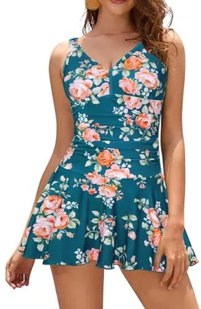 SHEKINI Maillot de bain une pièce pour femme - Col en V - Élégant - Robe de bain - Robe de bain - Jupe de bain - Rétro - Ruched - Robe de natation - Jupe de b