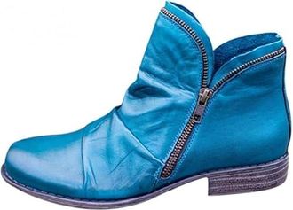 Generic Bottines r&eacute;tro pour femmes, bottines courtes en cuir souple avec fermeture &eacute;clair, fermeture &eacute;clair lat&eacute;rale, coupe en V, couleur unie, mode automne, 