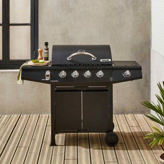 Sweeek Barbecue gaz - Treville - Barbecue 4 br&ucirc;leurs dont 1 feu lat&eacute;ral noir. avec thermom&egrave;tre et housse