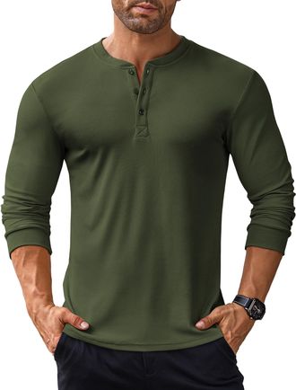 Coofandy Langarmshirt Herren Henley Shirt Longsleeve T Shirt mit Knopfleiste Langarm Shirts Casual Long Sleeve Shirts Henley Pullover Armeegrün XL