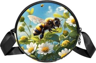 Generic Sac &agrave; bandouli&egrave;re rond pour femme, motif abeille, petit sac &agrave; bandouli&egrave;re avec fermeture &eacute;clair, bretelles r&eacute;glables, sac &agrave; main rond d&eacute;contract&eacute; pour