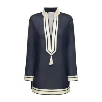 Tory Burch Femme, Blouses et Chemises, Bleu, Taille: 40 FR Tunique en Coton Bleu Marine avec Col en V