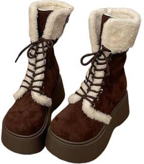 Generic JJDFW Bottes de neige &agrave; lacets avec doublure en fourrure pour femme - Semelle &eacute;paisse - Garde au chaud - En coton - Chaussures dhiver en peluche pour 