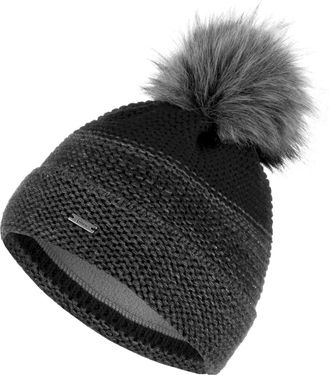 Faera M&uuml;tze Damen Winterm&uuml;tze warm gef&uuml;ttert mit Fleecefutter Kunstfell Bommelm&uuml;tze Winter Herbst Bommel Strickm&uuml;tze Beanie 60, Farbe:Schwarz