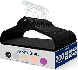 SereneLife Samt Kleiderbügel Schwarz 200 Stück, Kleiderhaken Bügel 360° drehbarer Haken, Bügel rutschfest & Platzsparend für Kleideraufbewahrung & Organisation i