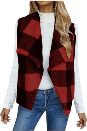 Generic Vestes pour femmes 2026 gilet &agrave; revers imprim&eacute; &eacute;cossais veste sans manches d&eacute;contract&eacute;e chaude hiver v&ecirc;tements dext&eacute;rieur, Rouge, XXL