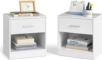Vasagle Nachttisch, 2er Set, Beistelltisch, mit Schublade, Griff, offenes Fach, Couchtisch, für Schlafzimmer, Wohnzimmer, klassikweiß LET819T14