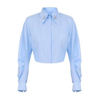 Elisabetta Franchi Hemd aus Baumwollpopeline mit doppeltem Kragen - - Blouses & Shirts - Damen - Blau - S