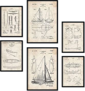Nacnic Set von 6 Plakaten mit Boot Patenten. Plakate mit Retro-Patentabbildungen. Inneneinrichtung im Vintage-Stil. Grösse A4 und A3. Ohne Rahmen