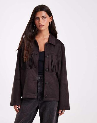 Vero Moda veste en daim synth&eacute;tique &agrave; franges marron chocolat