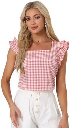 Allegra K Hauts d&eacute;t&eacute; vichy pour femmes, col carr&eacute;, manches volant&eacute;es, chemisier &agrave; carreaux, rose, S