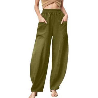 Generic Pantalon en coton et lin pour femme - Jambe large - Pantalon de plage d&eacute;t&eacute; confortable - Pantalon de yoga Palazzo - XIYU26052, vert militaire, 3XL