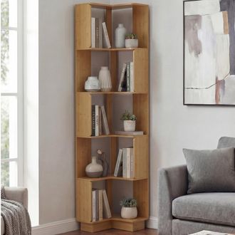 Mendler Eck-B&uuml;cherregal HWC-P53, Eckregal Standregal Wohnregal, 5 Ebenen MDF Melamin 175x40x40cm - Bambus-Optik