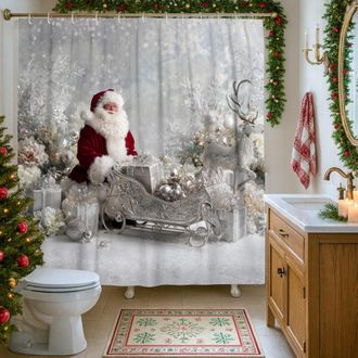 Generic Weihnachtsmann-Duschvorhang, festliches Rentier-Schlitten, Weihnachten, waschbar, mit Haken, Design, Druck, Badvorhänge für Badezimmer, Toilette, Gäst