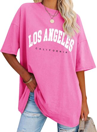 Dresswel Oversized T Shirt Damen Los Angeles California Brief drucken Vintage T-Shirt Kurzarm Rundhals Sommer Oberteile Lose Bluse Lang Tunika Top f&uuml;r Teenager