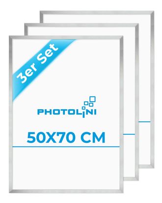 Photolini Bilderrahmen 50x70 Holz MDF 3er Set Silber, 50x70 cm Bilderrahmen gro&szlig;, Rahmen 70x50 Puzzle, bruchsicheres Acrylglas, picture frame zum Aufh&auml;ngen, Fot