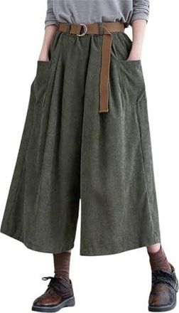 Generic Pantalon court en velours c&ocirc;tel&eacute; taille haute &eacute;lastique pour femme, pantalon baggy baril pour femme, jupe-culotte avec ceinture, vert fonc&eacute;, L