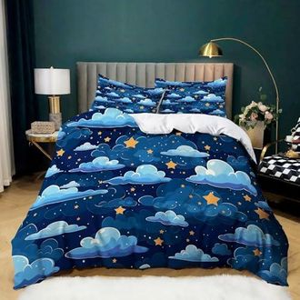 Generic Housse de Couette Nuages Bleus &Eacute;toiles 140 x 200 cm, Parure de Lit Style Dessin Anim&eacute; 1 Personnes - House de Couette Microfibre avec Fermeture Eclair 