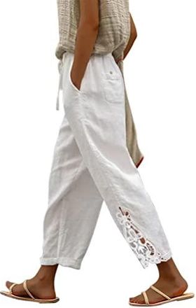 Minetom Pantalon Femme Été Décontracté Pantalon Léger avec Poches Solide Couleur Pantalon À Cordon Élastique F Blanc XXL
