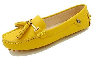 Minitoo Chaussures Casual Femme Pompon Cuir Loafers Mocassins Chaussures de Vacances Jaune dor EU 39