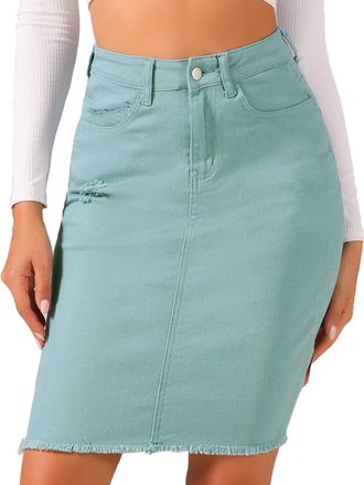 Allegra K Damen Jeansrock Knielang Hohe Taille Gerader Rock Ripped Saum R&ouml;cke Staubiges Blau XL