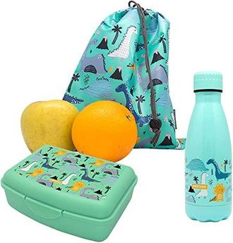 Nerthus Kitchenware FIH 1034 Set Doppelwandige Flasche aus Edelstahl + Lunchbox + Rucksack Dinosaurier