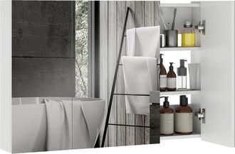 Kleankin Aufbewahrungs-Badspiegel mit 3 Spiegeltüren, Badspiegel mit verstellbaren Holz- und Glasablagen, 90x13,5x60 cm, Weiß