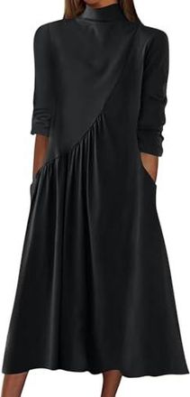 Generic Robe Vintage Femme Col Roul&eacute;- Robe Grande Taille Manches Longues Irr&eacute;gulier Pliss&eacute;e Chic Et &Eacute;l&eacute;gants Ample Casual A Ligne avec Poches Mi-Longue Automn