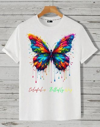 rmk T-Shirt Herren Shirt Basic Rundhals mit Butterfly Regenbogen Schmetterling
