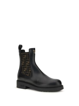Fendi Womens Ff Leather And Fabric Ankle Boots Nero+black Avana Calf Bos Taurus